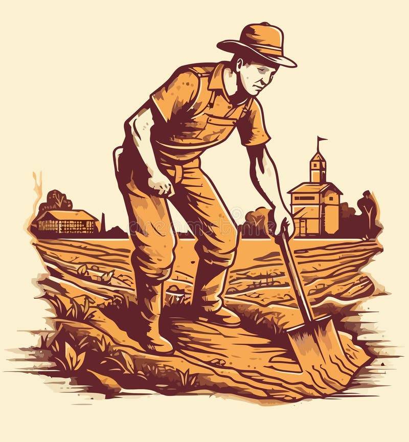 Farmer Worker Digging with Shovel on Farm Stock Vector - Illustration ...