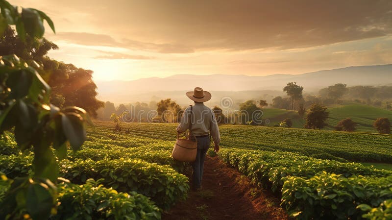 Farmer Working on Coffee Field at Sunset Outdoor. Generative Ai Stock ...