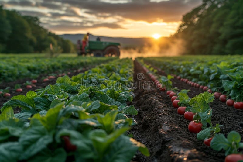 A Farmer Working in His Field. Large Ridges of Green Planting Stock ...