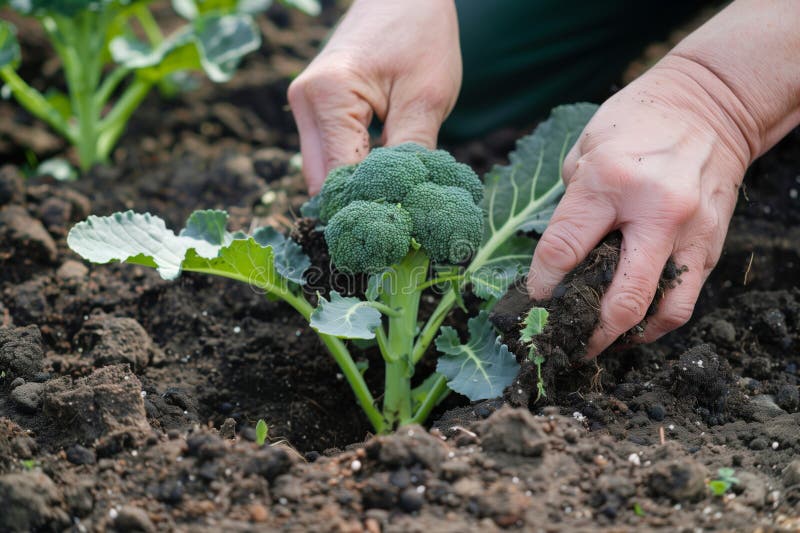 Farmers Hands with Soil Planting a Broccoli Seedling Stock Photo ...