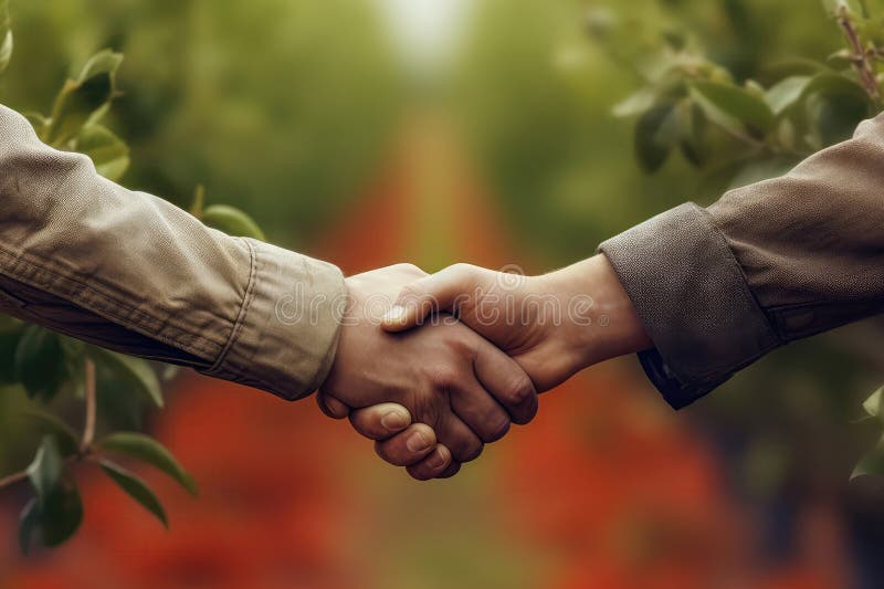 Farmers Handshake Against Backdrop of Unfocused Walnut Tree Farm ...