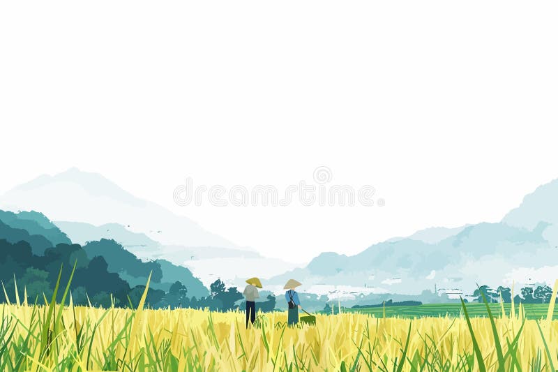Farmers Harvesting in Rice Fields Isolated Illustration Stock Vector ...
