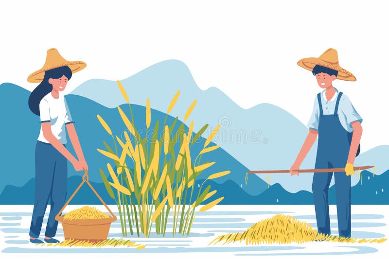 Farmers Harvesting in Rice Fields Isolated Illustration Stock Vector ...