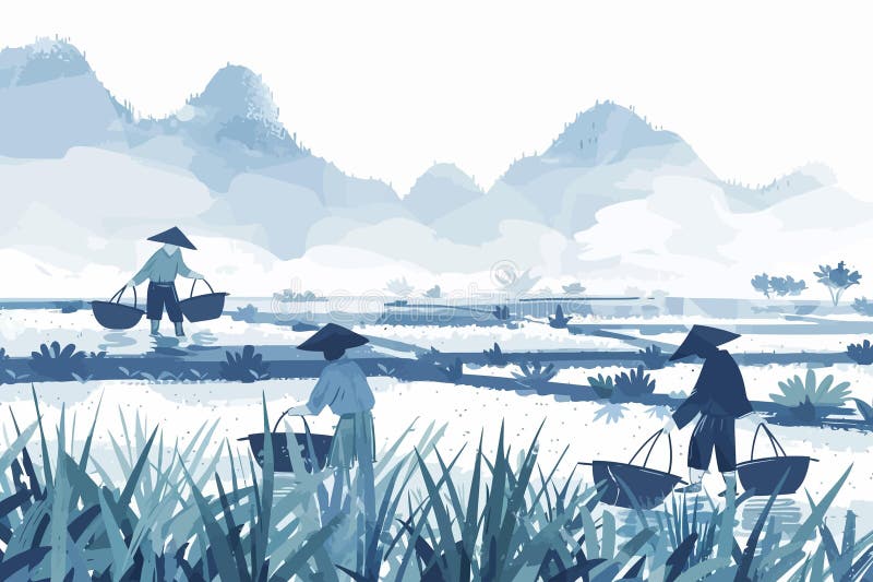 Farmers Harvesting in Rice Fields Isolated Illustration Stock Vector ...