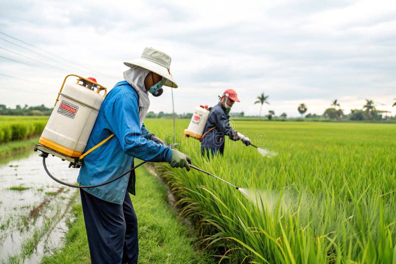 Farmers Spraying Herbicides in Rice Fields Stock Illustration ...