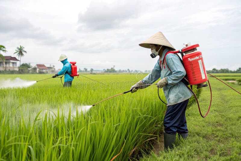Farmers Spraying Herbicides in Rice Fields Stock Illustration ...