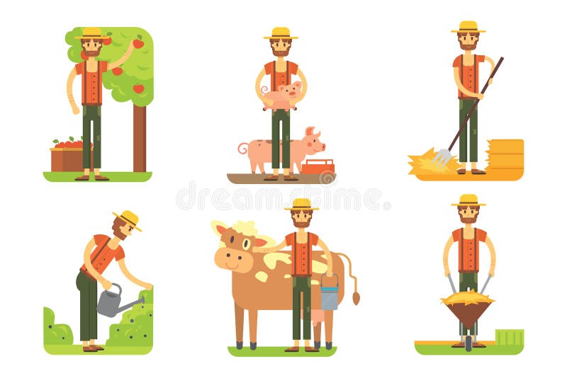 Farmers Using Agricultural Tools. Set Farmer Vector Illustration Stock ...