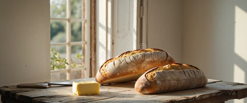 Farmhouse Breakfast Setup with Fresh Butter and Rustic Bread by an Open ...