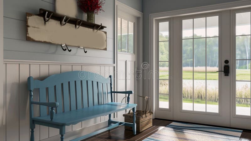 A Farmhouse Entryway with a Blue Bench and Coat Hooks. Generative Ai ...
