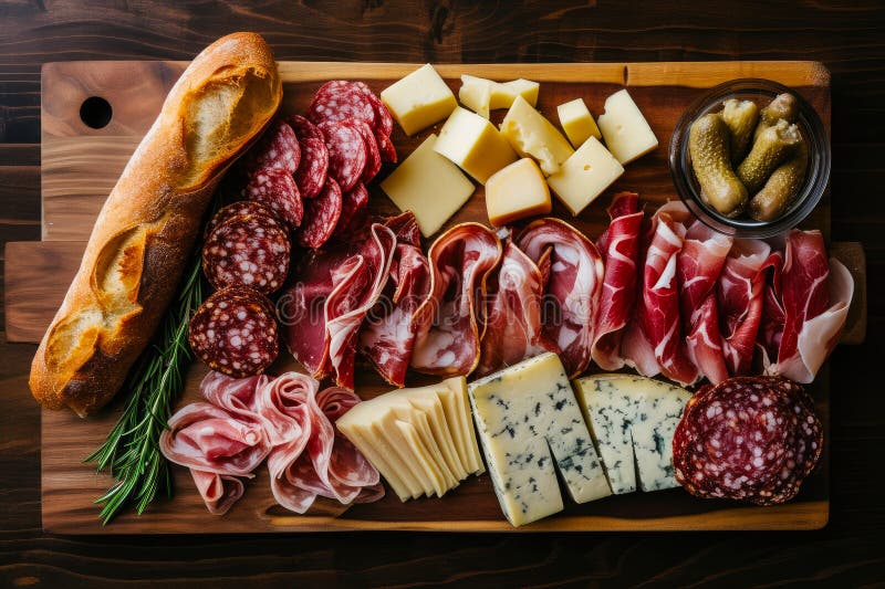 Farmhouse Feast: Cheese, Meat, and Bread Display. Stock Illustration ...
