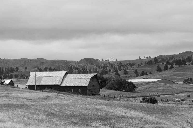 Farmhouse on a Hilltop Covered in Lush Grass in Grayscale Stock Photo ...