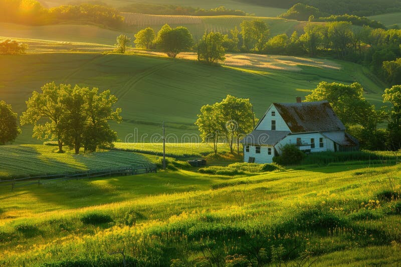 Farmhouse in Quiet Countryside at Sunset with Fields Illuminated by ...