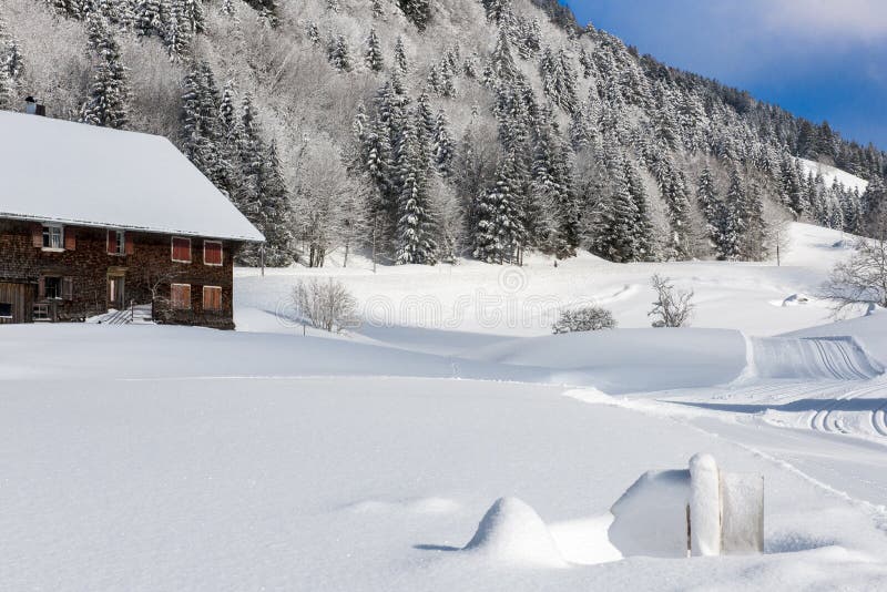 Farmhouse in Snow Covered Mountains Stock Image - Image of clear, rural ...