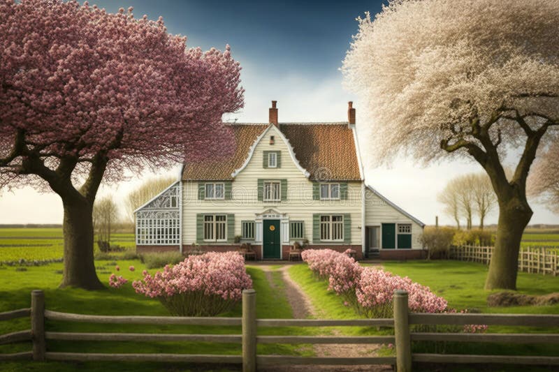 Farmhouse Surrounded by Blooming Cherry Trees in Spring Stock ...