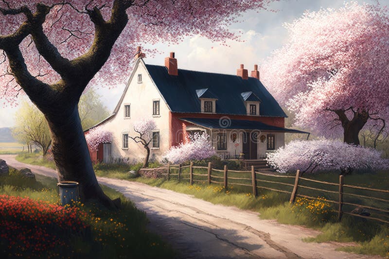 Farmhouse Surrounded by Blooming Cherry Trees in Spring Stock ...