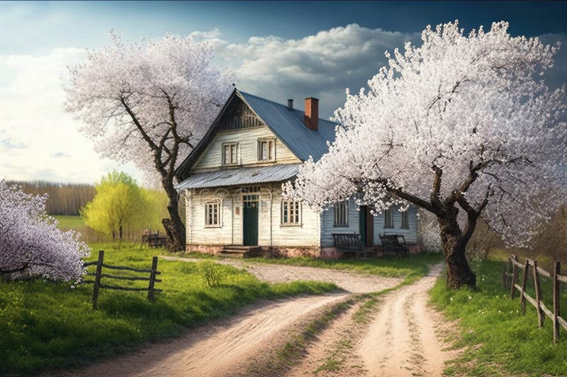 Farmhouse Surrounded by Blooming Cherry Trees in Spring Stock ...