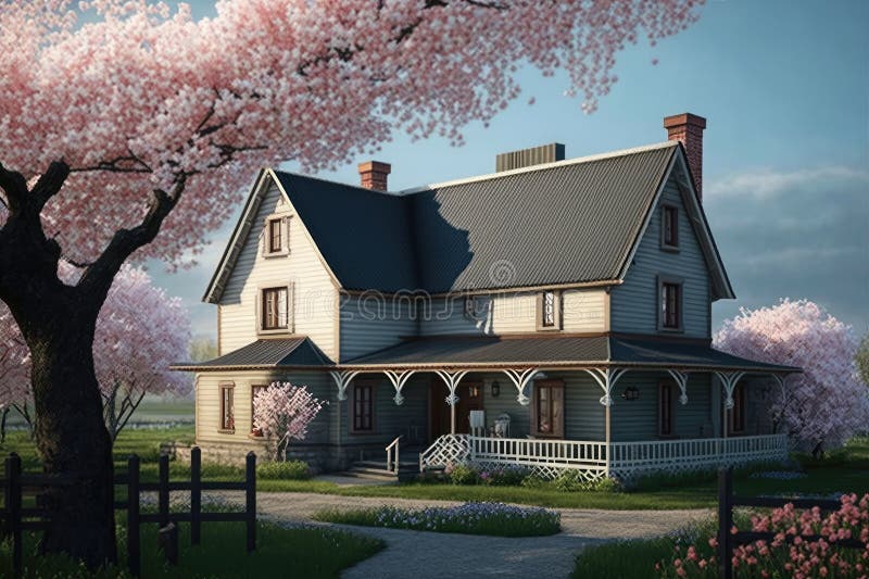 Farmhouse Surrounded by Blooming Cherry Trees in Spring Stock ...