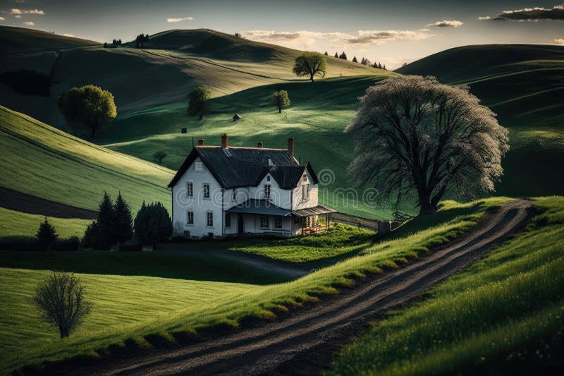 A Farmhouse Surrounded by Lush Fields and Rolling Hills Stock Photo ...