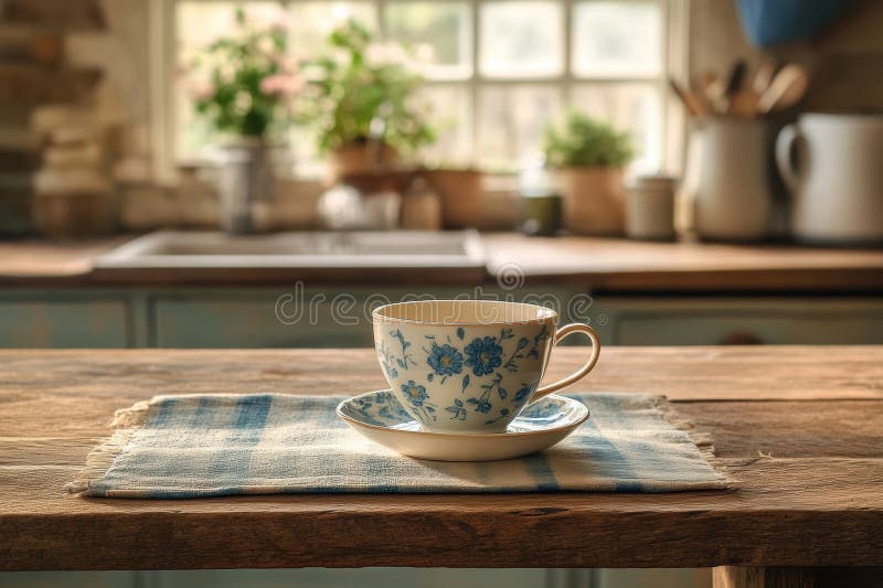 Farmhouse Tea Setting, One Elegant Teacup Sits on a Rustic Table, Ready ...