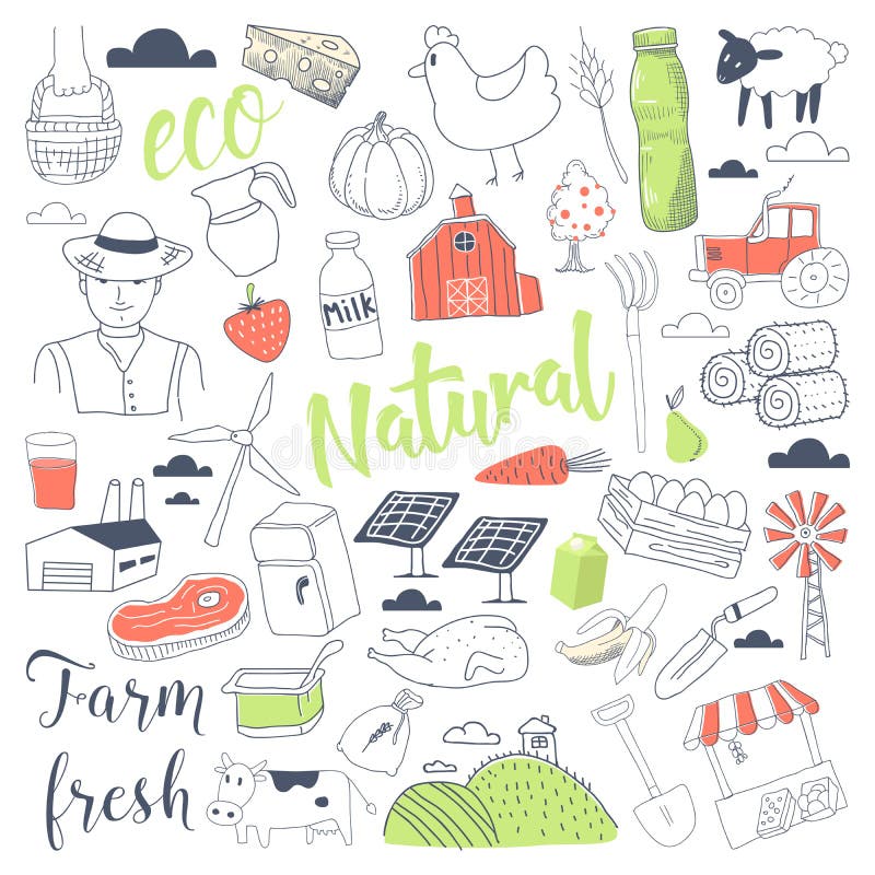 Farming Freehand Doodle with Natural Dairy Products. Farm Hand Drawn ...