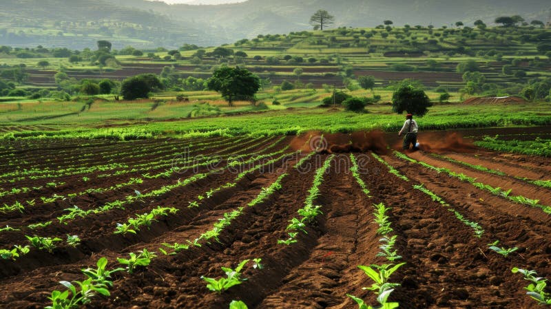 Farming in the Hills, a Farmer Tilling Soil in a Green Landscape Stock ...