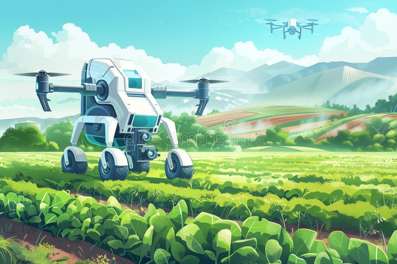 Farming Robot and Drone Operating in Agricultural Field with Crops and ...