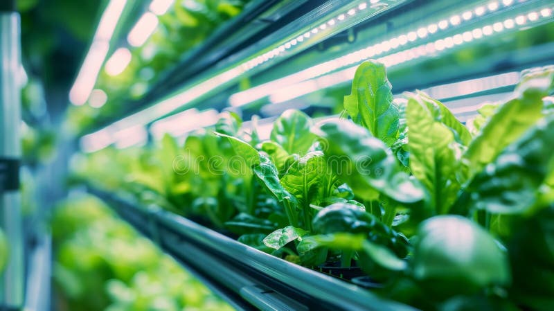 Farming System Using Vertical Farming Racks. LED Lamps Emitting ...