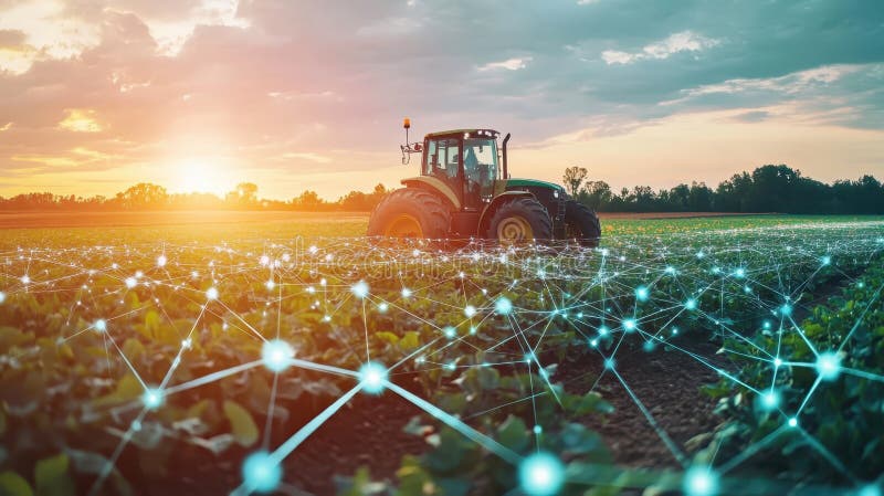 Farming Technology Transforms Agriculture with a Tractor in a Sunset ...