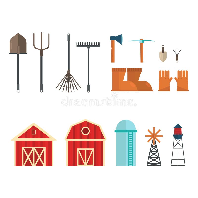 Farming Tools, Equipments and Houses Elements Group Stock Vector ...