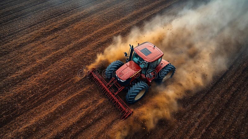 Farming Tractor in Agricultural Field with Dust Clouds Stock ...