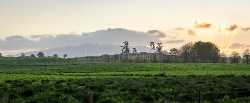 Farmland on Cloudy Day at Sunset. Panoramic View Stock Photo - Image of ...