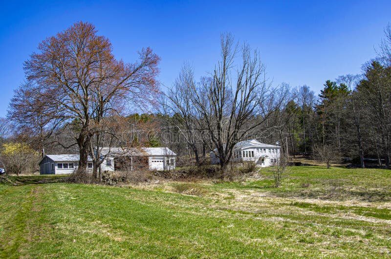 Farmland with Tree Line with Blue Sky and Farmhouse Stock Image - Image ...