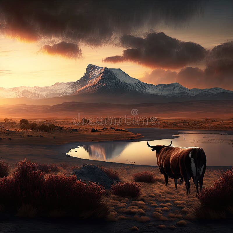 Farms and Fields at Sunset, with Animals and Mountains, Generative AI ...