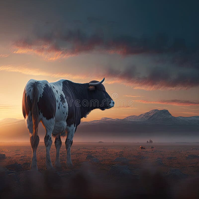 Farms and Fields at Sunset, with Animals and Mountains, Generative AI ...