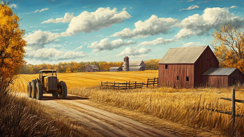 Farmyard Scene Barns Golden Fields Parked Tractor Stock Photos - Free ...