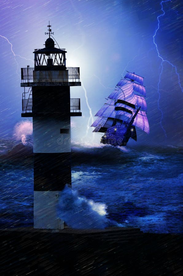 Faro bajo la tormenta stock de ilustración. Ilustración de barco - 72499417