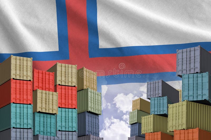 Faroe Islands Flag and Big Stack of Shipping Cargo Containers in Docks ...