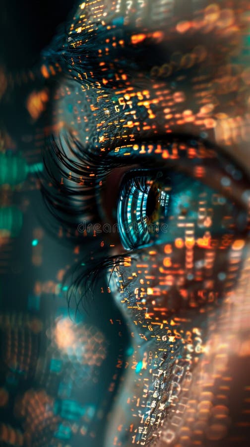Close-Up Digital Human Face with Integrated Data Patterns Stock Image ...