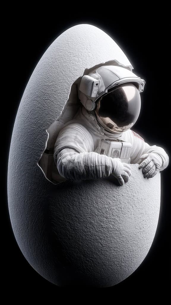 Astronaut Peeking Around Edge of White Egg in Unique Outer Space Conceptual Artwork Stock Image ...
