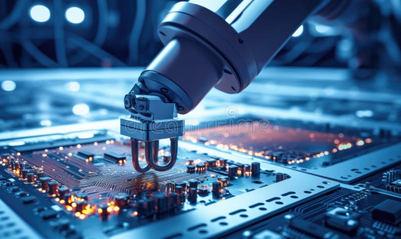 A Fascinating Machine Working on a Complex Circuit Board Stock ...