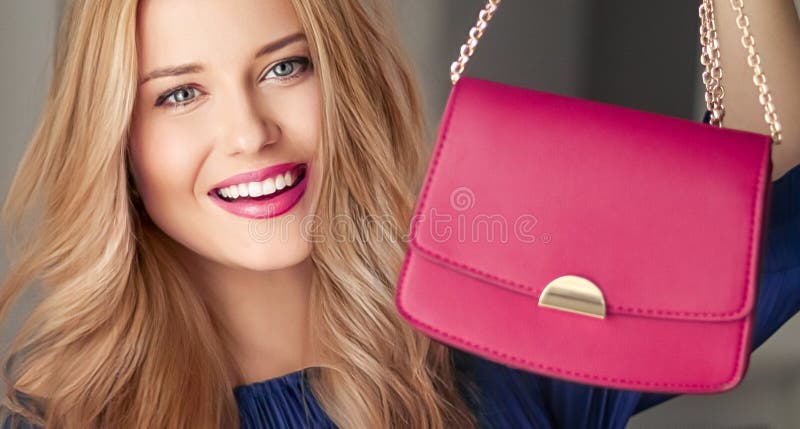 Fashion and Accessories, Happy Beautiful Woman Holding Small Pink ... Fashion and Accessories, Happy Beautiful Woman Holding Small Pink ...