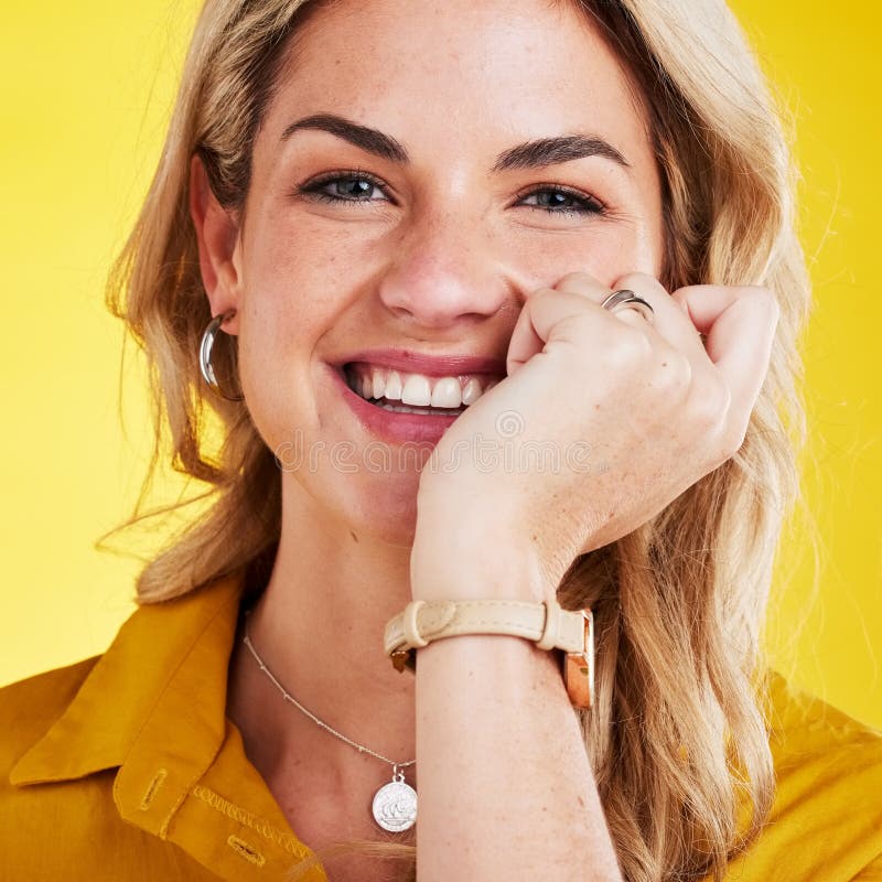 Fashion Beauty And Portrait Of Woman With Smile On Yellow Background