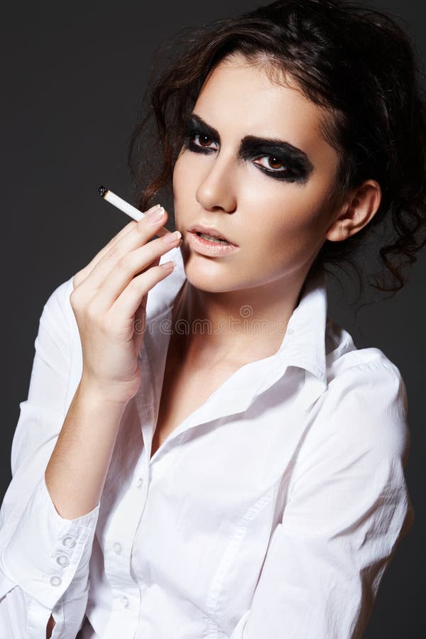Fashion Chic Model Smoking Cigarette. Rock Make-up Stock Photo - Image ...