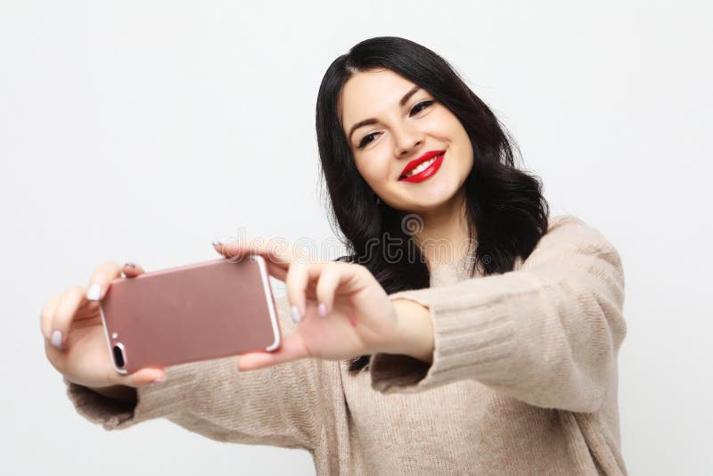 Fashion Curvy Brunette Girl Taking Photo Makes Self Portrait On