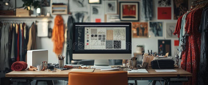 Fashion Design Workspace with Computer Monitor in Creative Studio ...