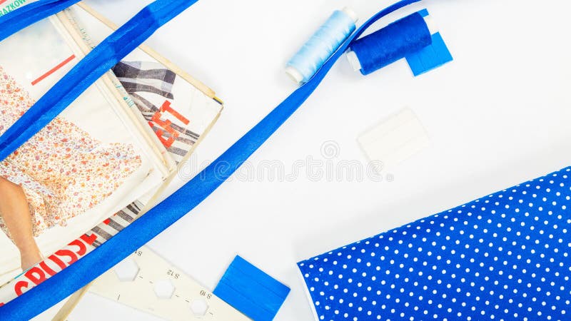 Fashion Designer`s Workplace Various Sewing Materials, Blue Cloth ...
