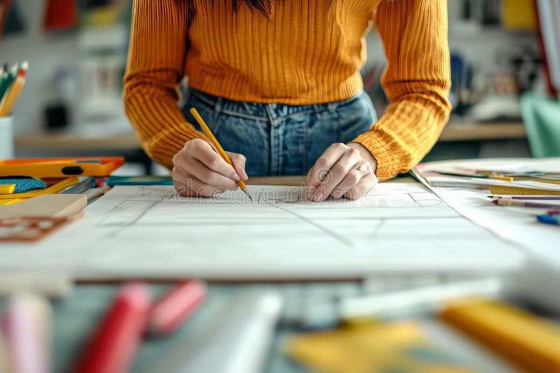 Fashion Designer Working on Sketch at the Table Stock Illustration ...