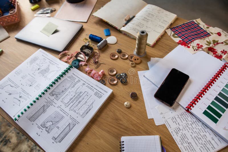 Fashion Designer Working Studio Interior with Workplace Table, Fabric ...