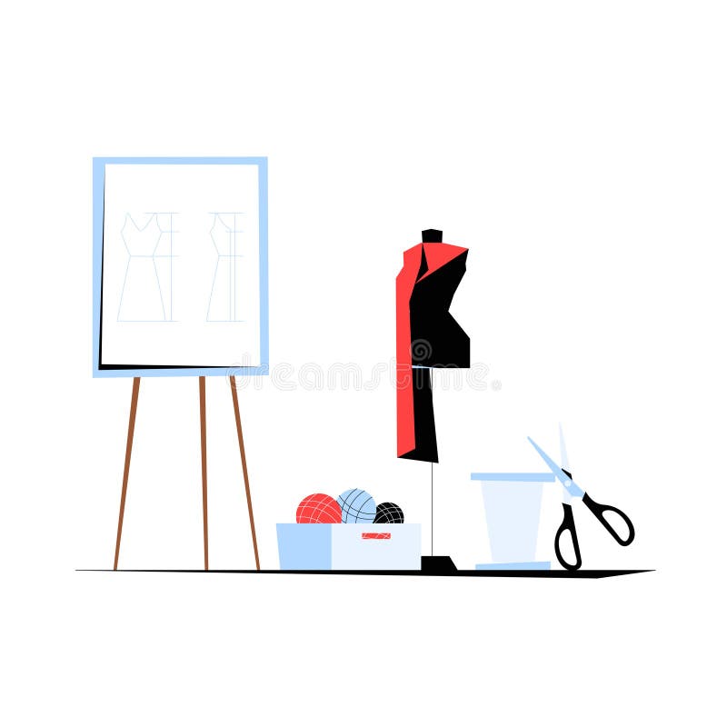 Fashion Designer Workspace with Dress Form, Sewing Tools, and Sketches ...
