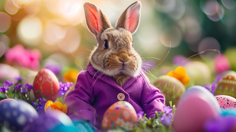 Fashion-forward Bunny Celebrating Easter among Painted Eggs. Stock ...